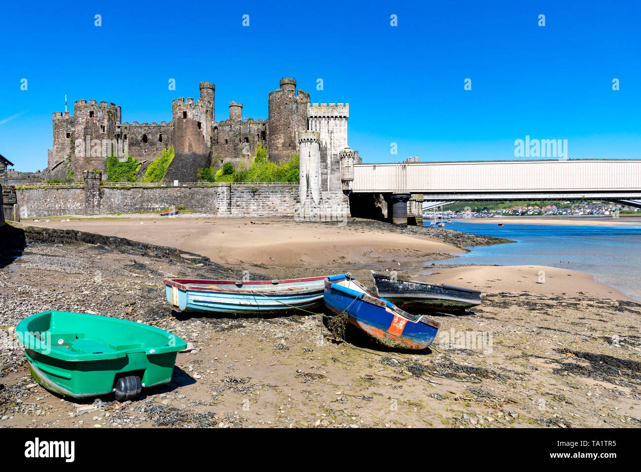 Conwy Wales Conwy Castle, on the estuary of the river Conwy at Low tide ...