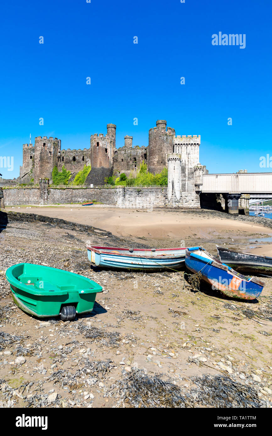 Conwy Wales Conwy Castle, on the estuary of the river Conwy at Low tide ...