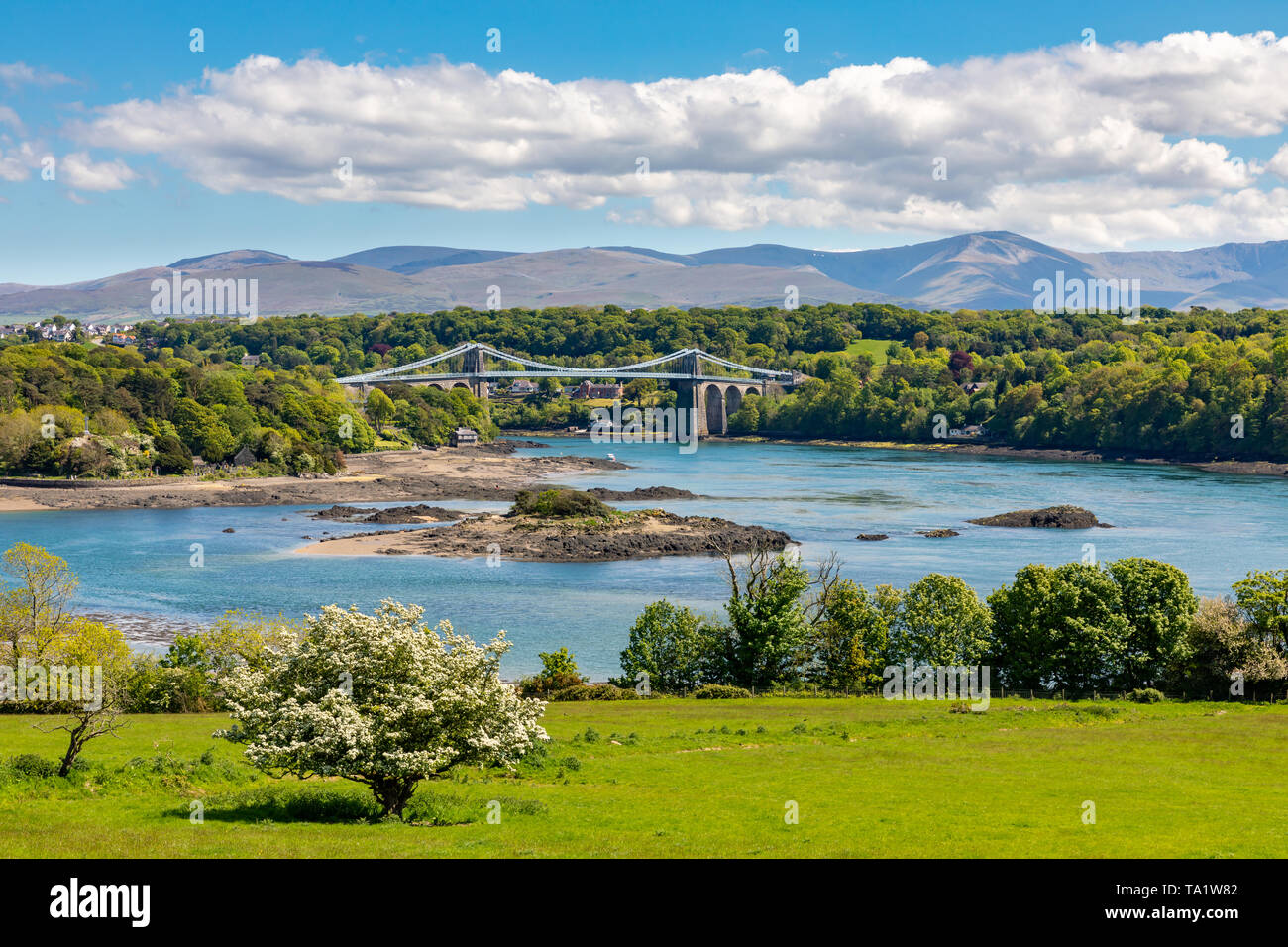 Anglesey Wales May 12, 2019 The Menai Bridge, across the Menai Strait ...