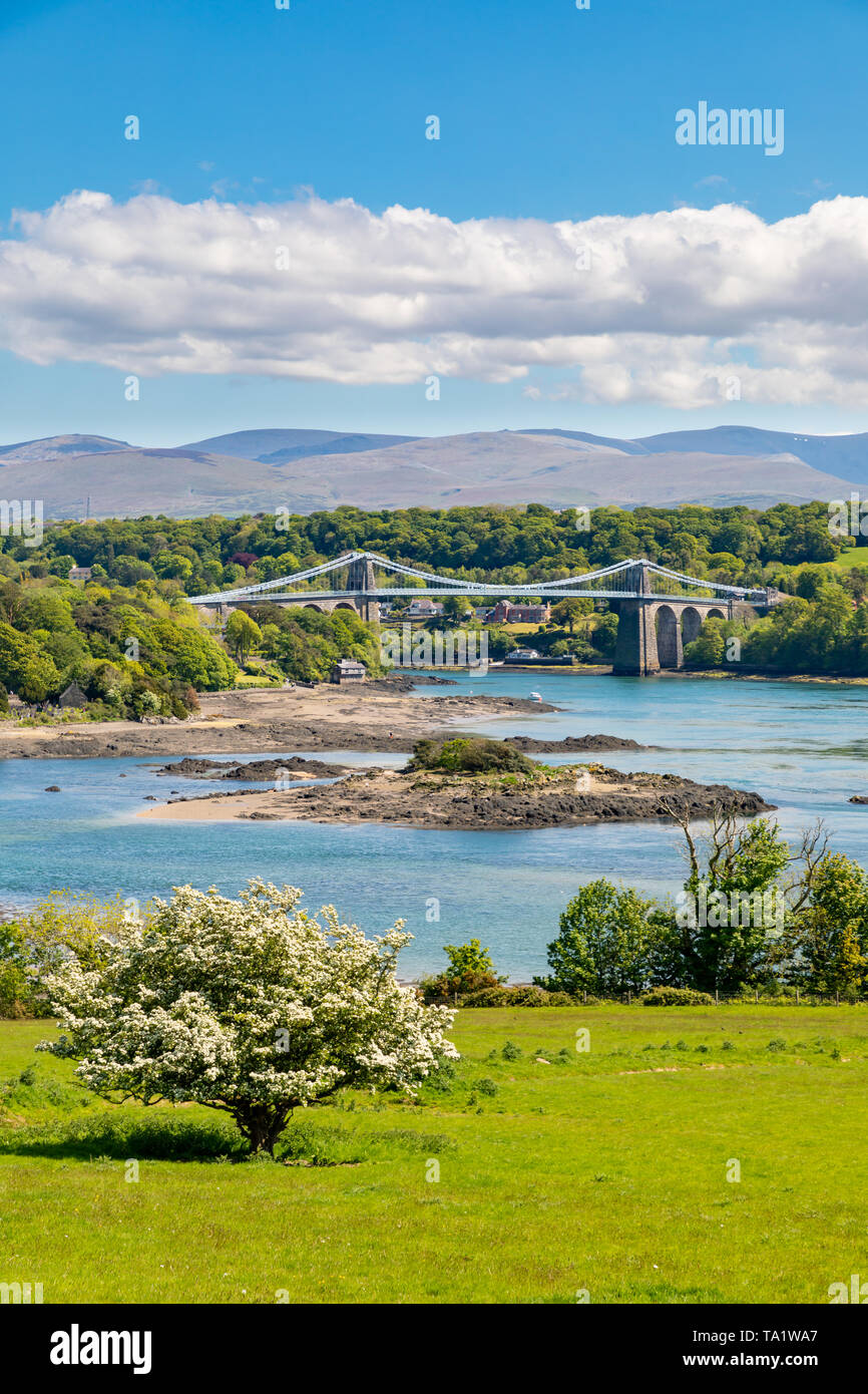 Anglesey Wales May 12, 2019 The Menai Bridge, across the Menai Strait ...