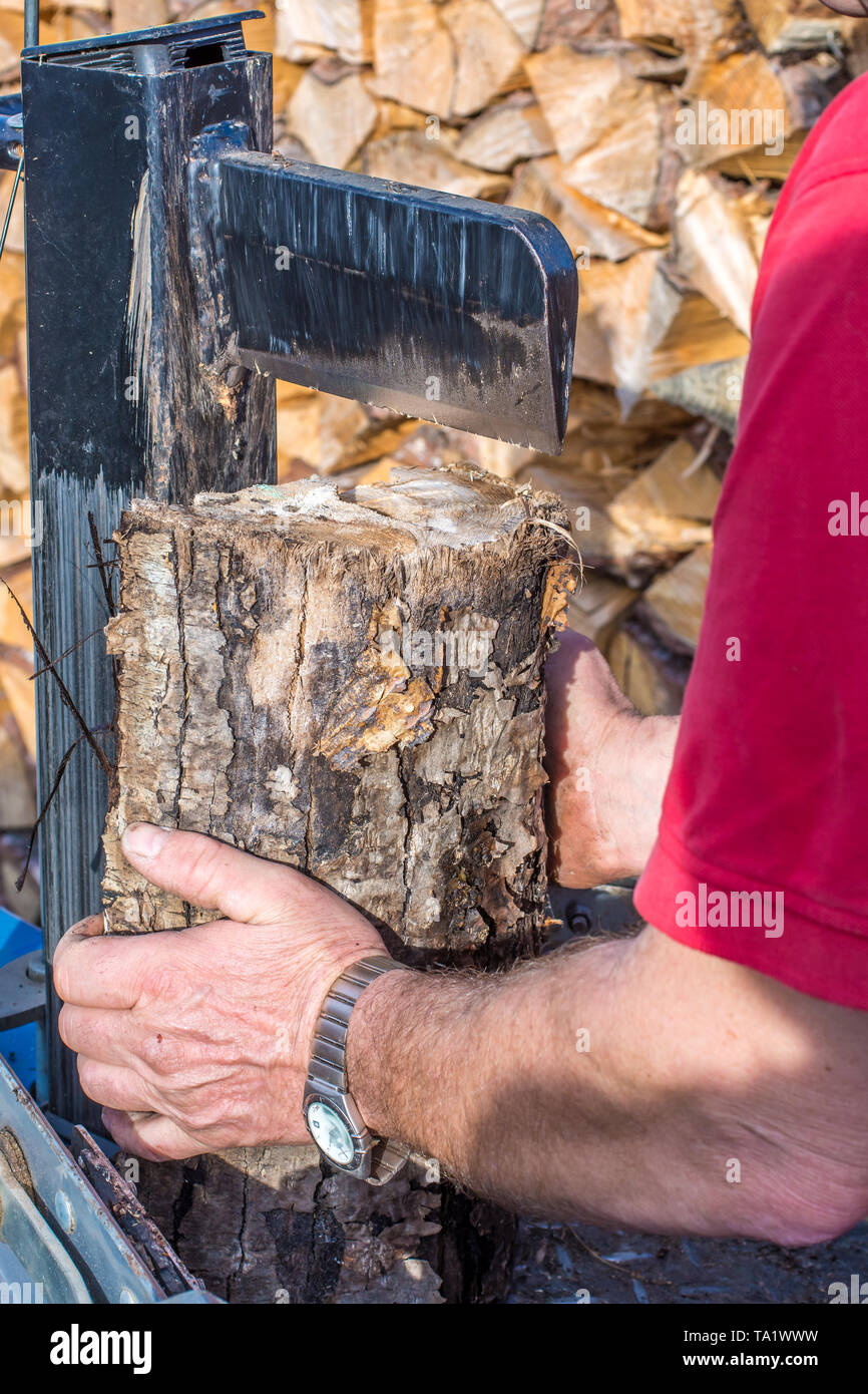 Man divides tree trunk to make firewood Stock Photo - Alamy