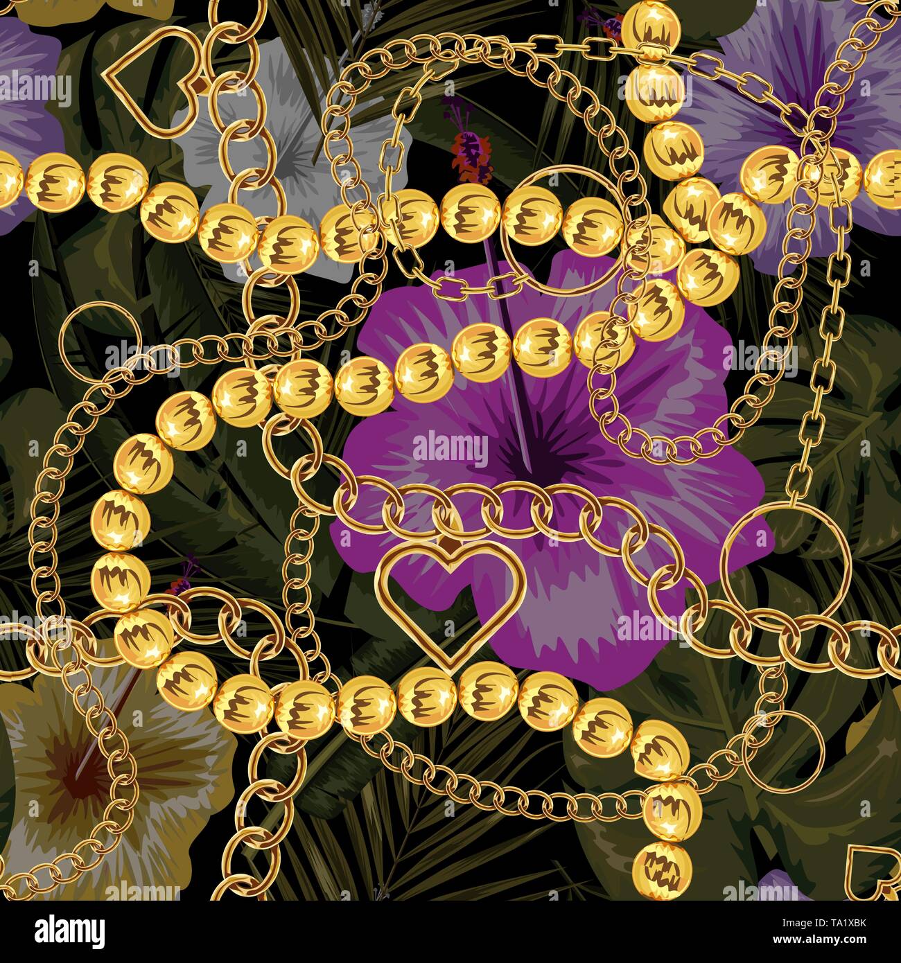 Cute chain texture seamless with tropical flower and leaf pattern. Flat ...