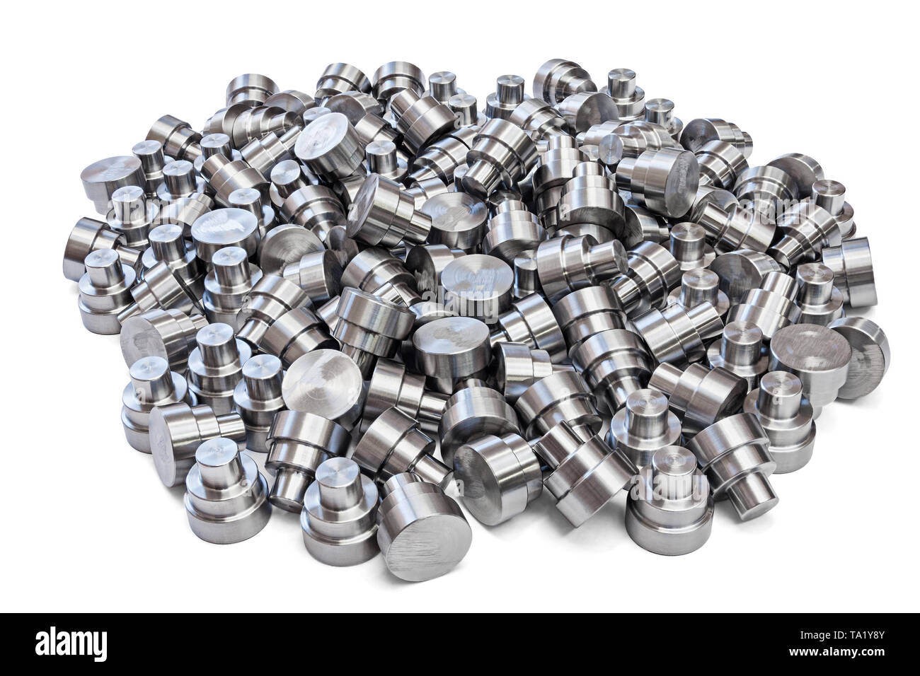 batch of shiny steel cnc turned parts isolated on white background ...