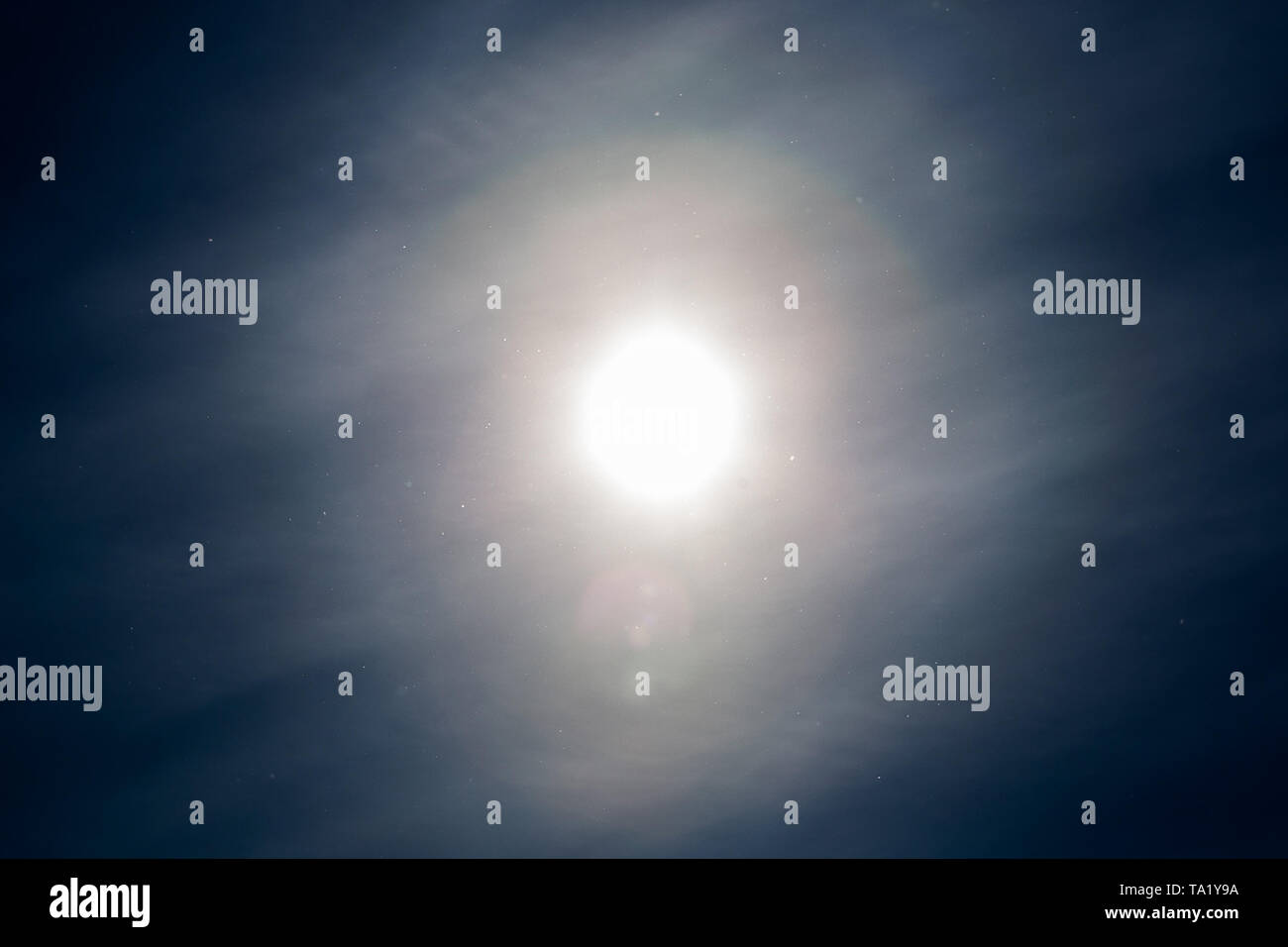 dust particles flying in the air on blue sky background with sun and ...