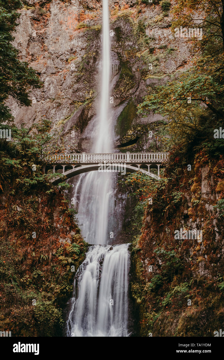 Multnomah Falls in the fall with nobody on Benson Bridge, long exposure ...