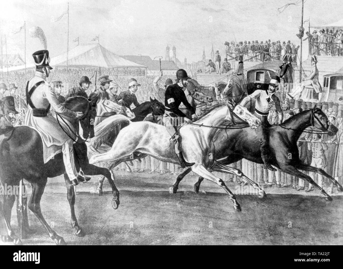 Horse race at the Oktoberfest in Munich. Picture based on a Lithograph ...