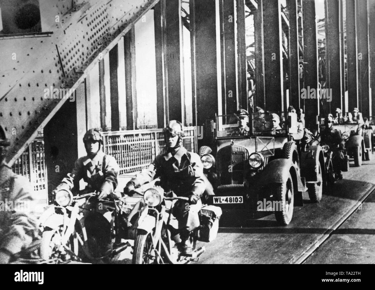 German troops when passing over the Rhine bridge Stock Photo - Alamy