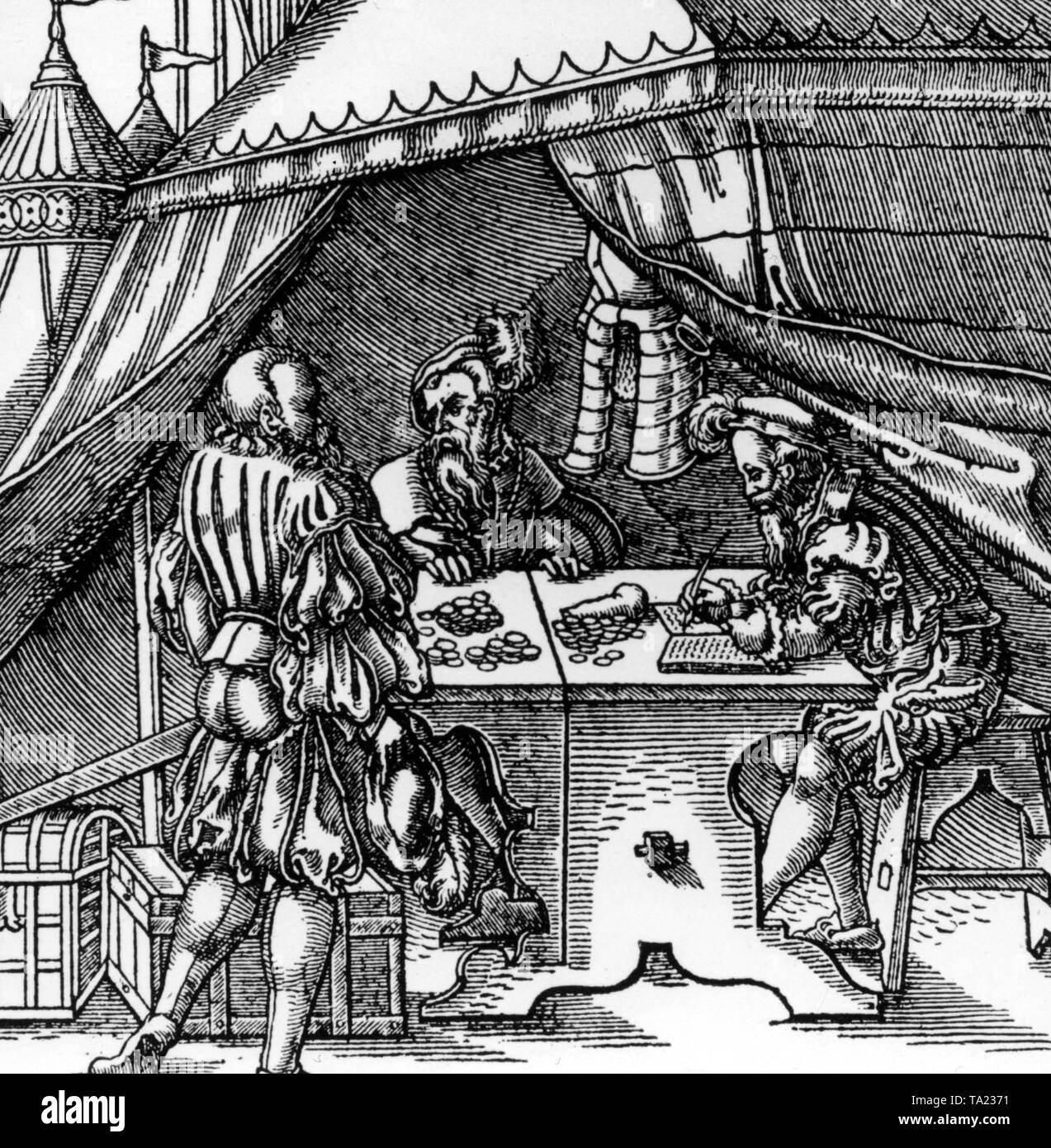 A trooper receives his pay drawing by Jost Amman, 1555 Stock Photo - Alamy