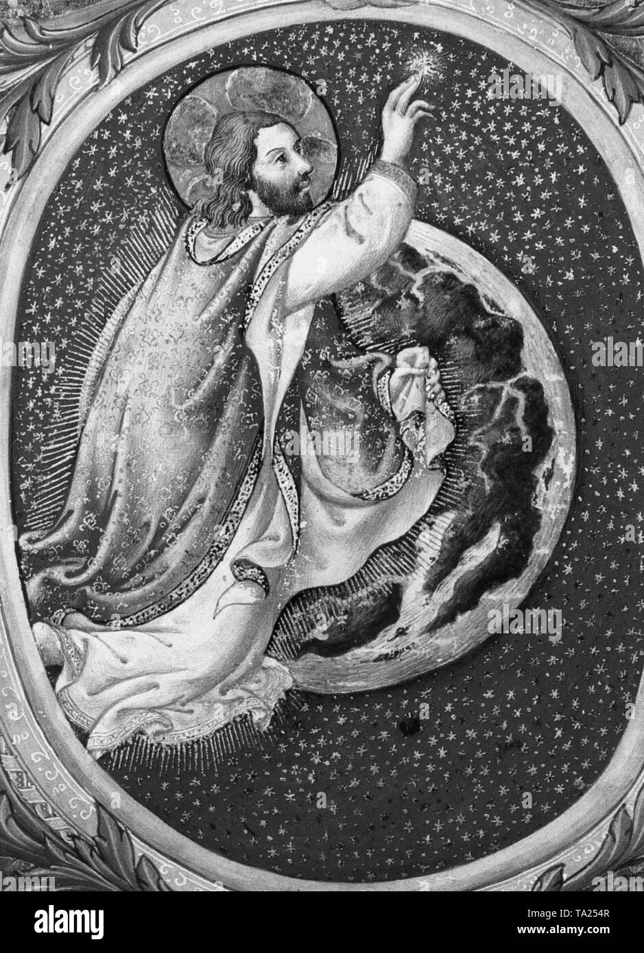 The miniature from Siena shows God creating the stars. In the ...