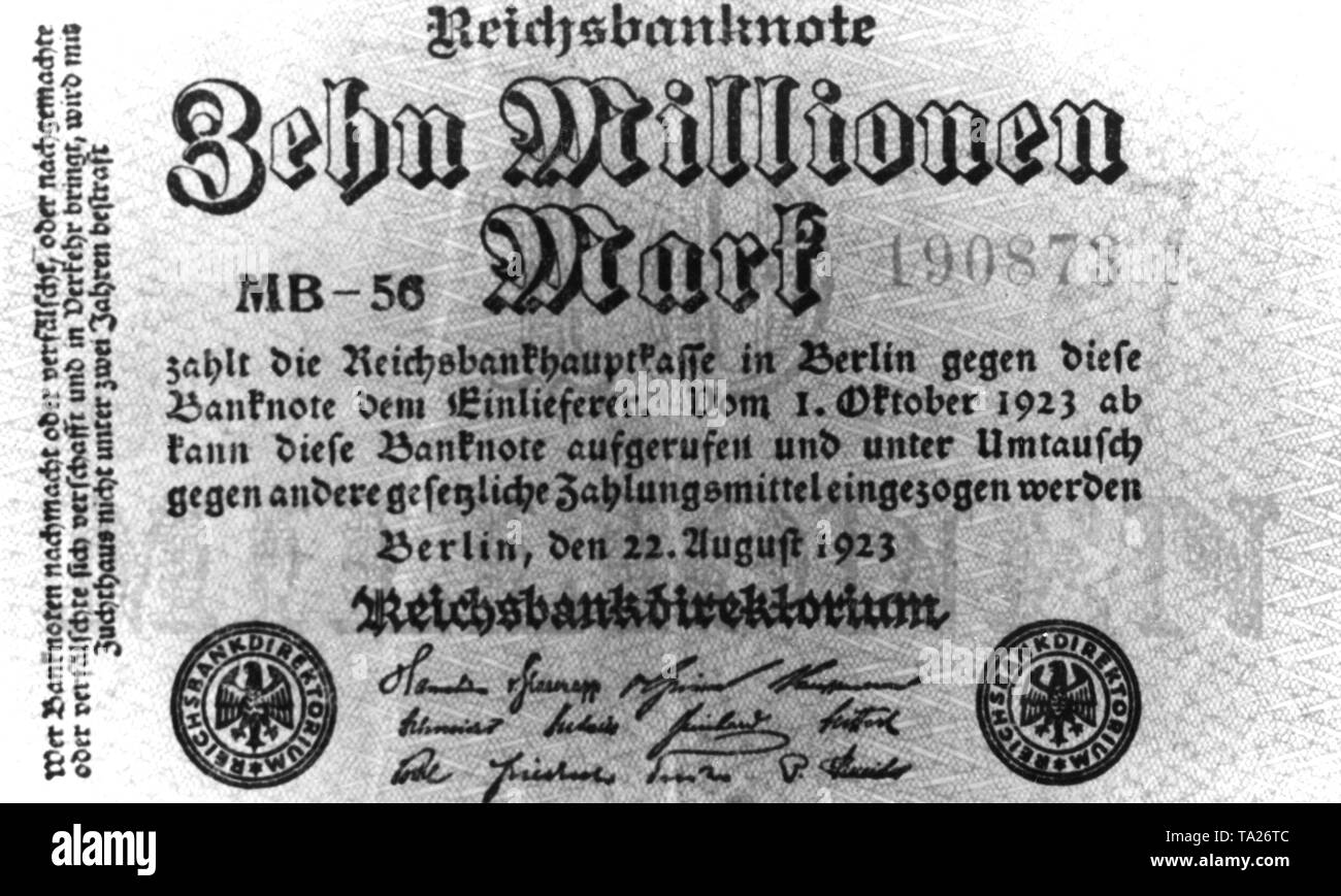 Ten million Mark note. With the rising inflation, monetary values ...