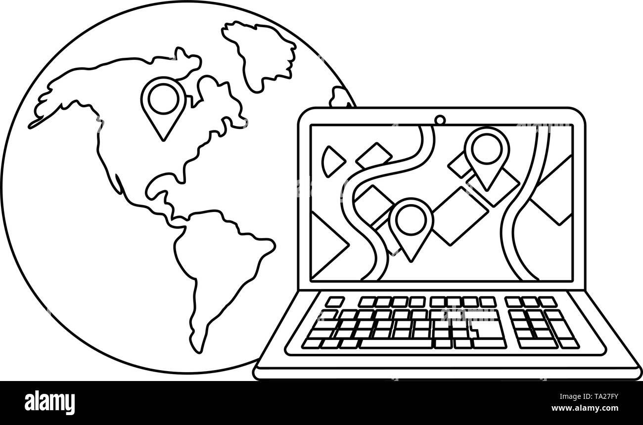 laptop showing map with location pointers and globe vector illustration ...
