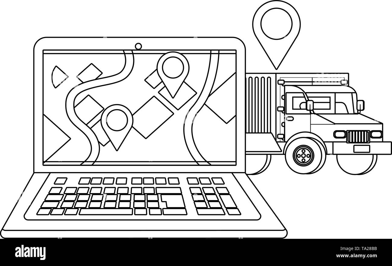 laptop showing map with location pointers and truck vector illustration ...
