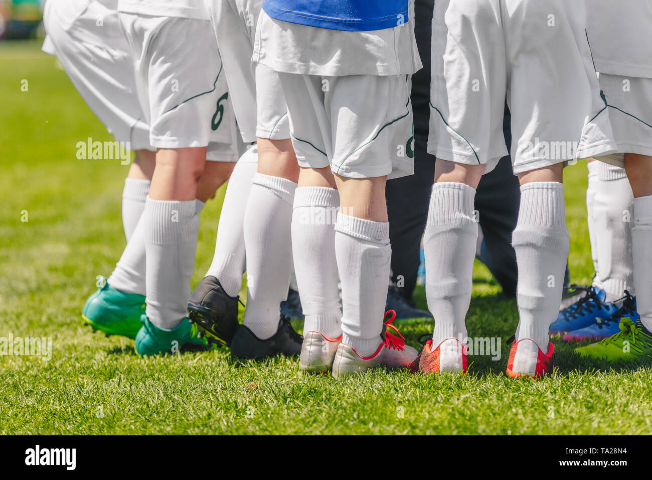 Soccer school tournament. Group of children on sports venue. Legs of ...