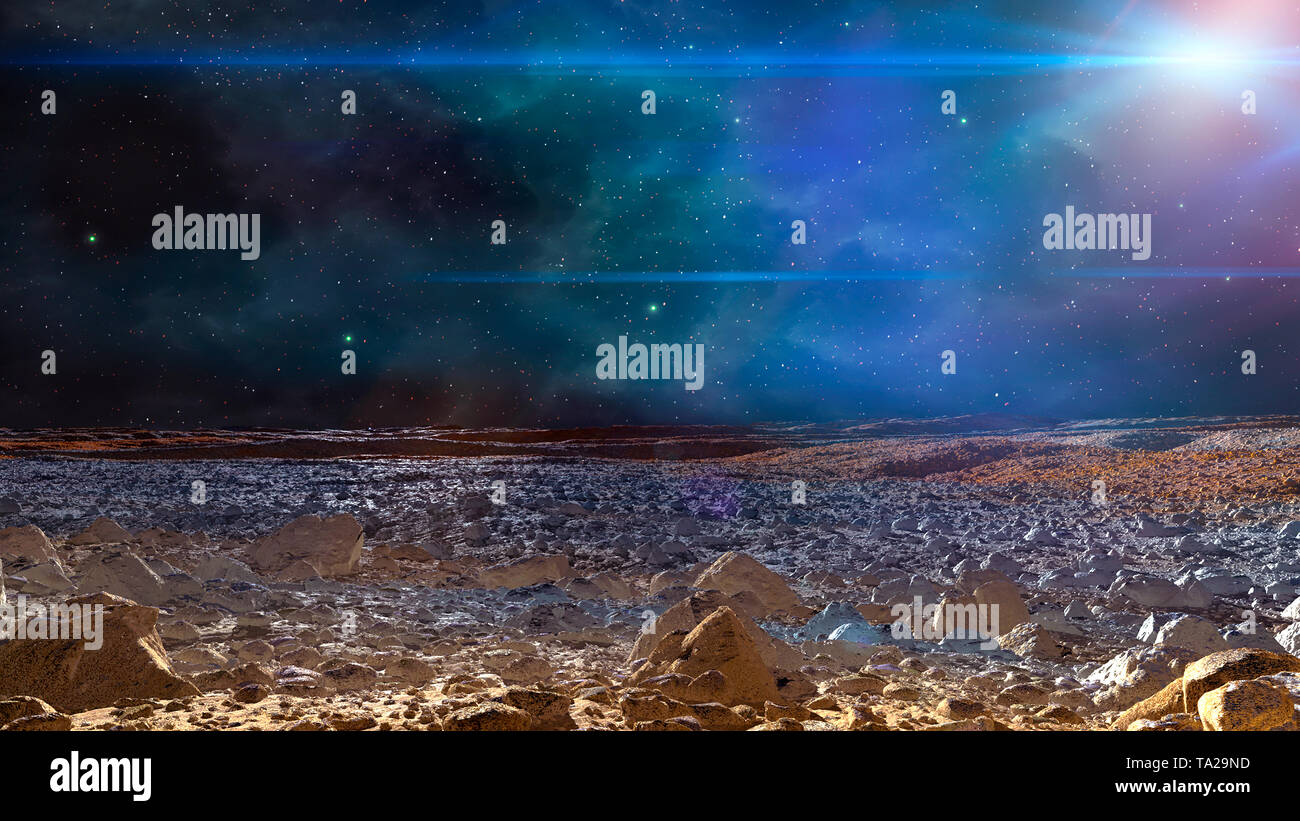 Space scene. Colorful nebula with planet land. Elements furnished by ...