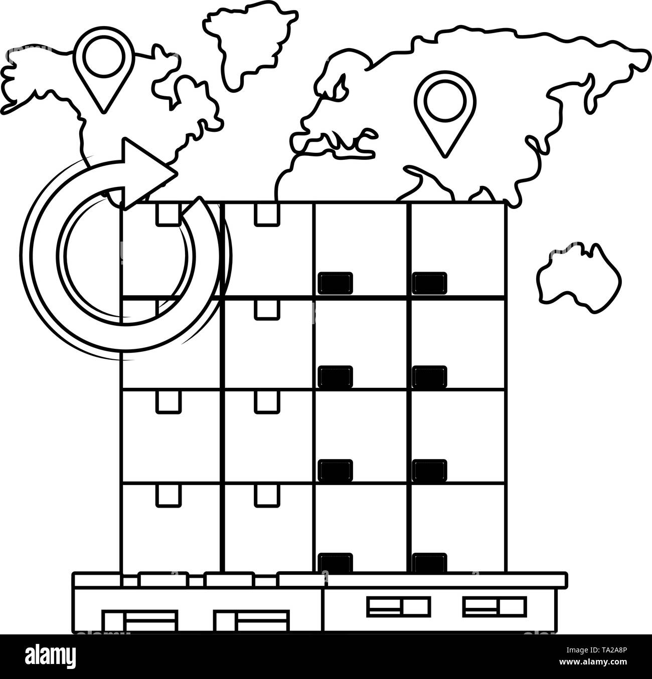 boxes over pallets with map and location points, return arrow vector ...