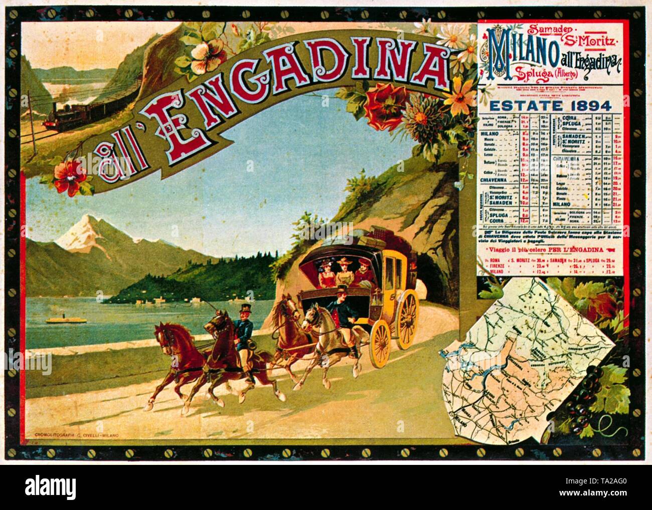 This poster promotes an Italian mail coach in 1894 with a detailed ...