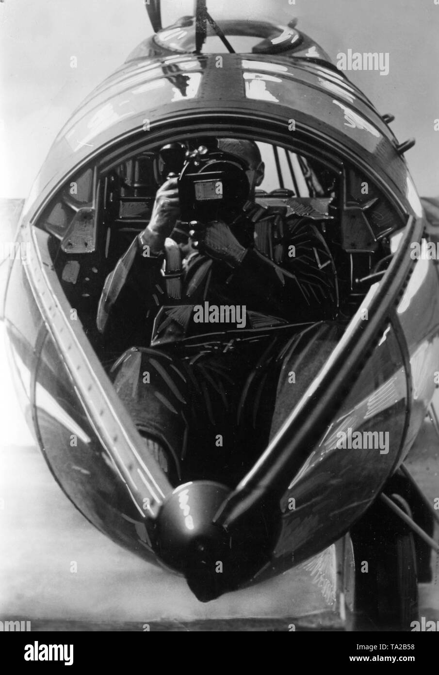 An observer in the glassed cockpit of a Blohm & Voss BV 141 in Hamburg ...