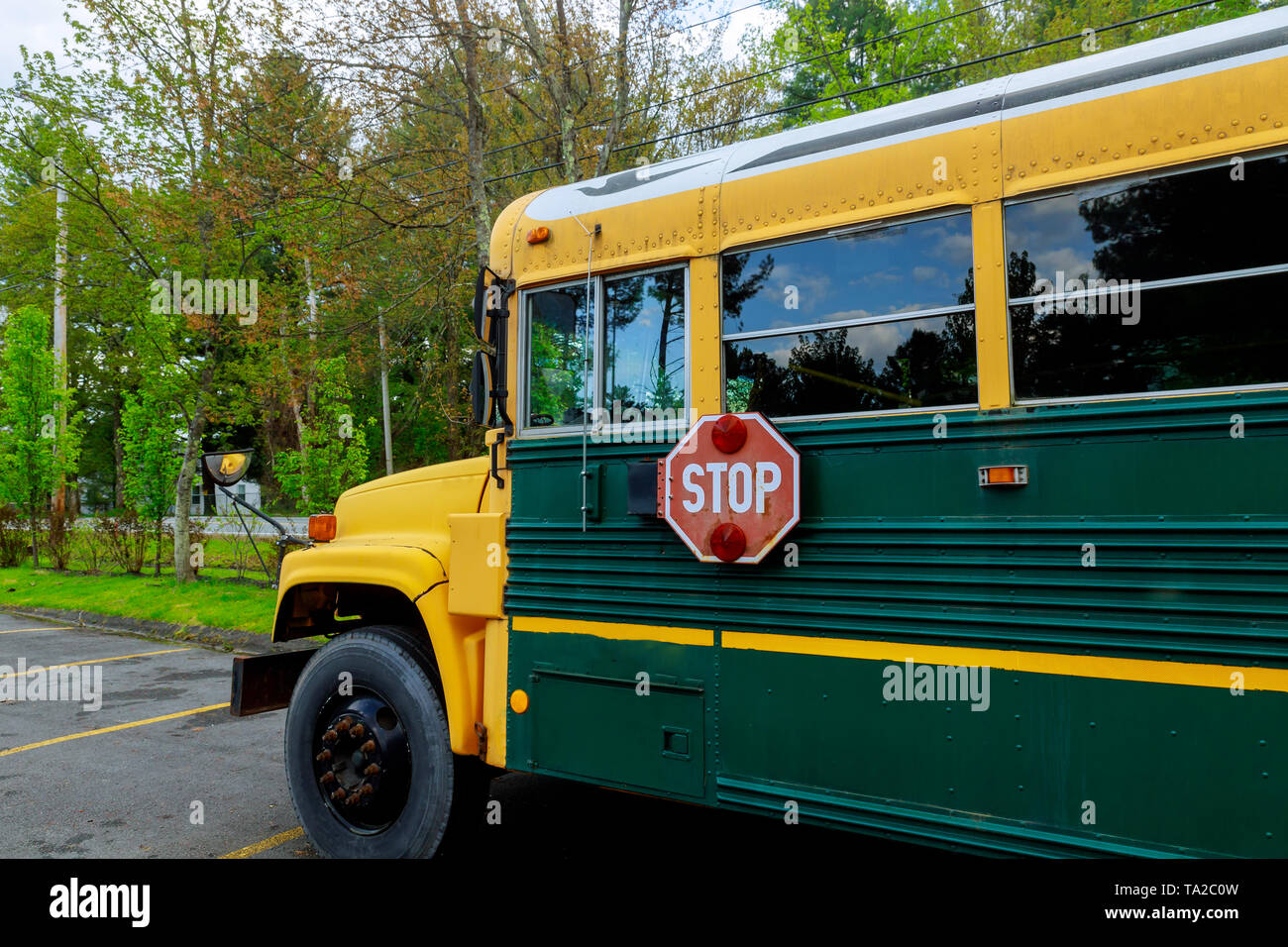 Yellow of school bus in sunny day on parked american buses Stock Photo ...