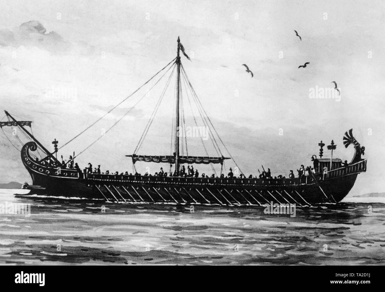 Drawing of a roman liburna. Liburnas were light, rowed warships Stock ...