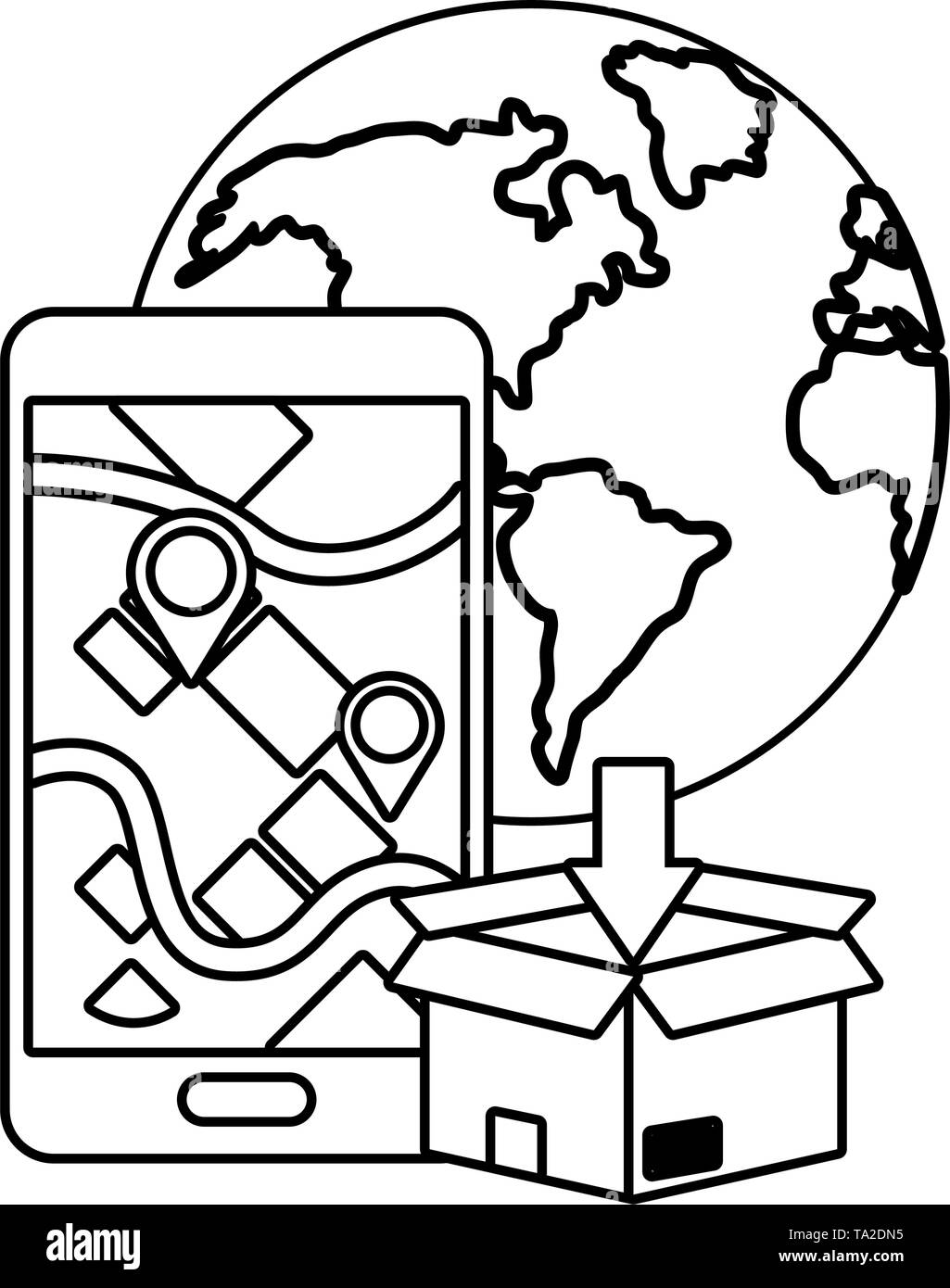 box and cellphone with a map and location point and globe vector ...