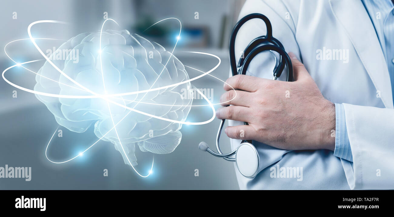 Doctor with stethoscope and brain with wireless connections Stock Photo ...