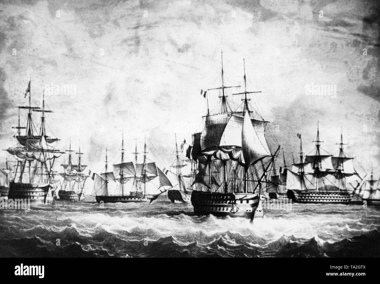 An engraving by the French artist Daugran shows the British warship ...