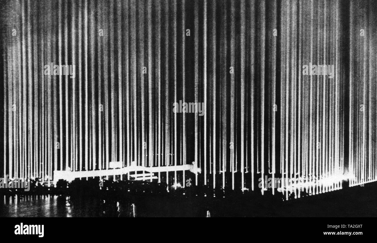 Numerous searchlights of the Wehrmacht create a Lichtdom (cathedral of ...