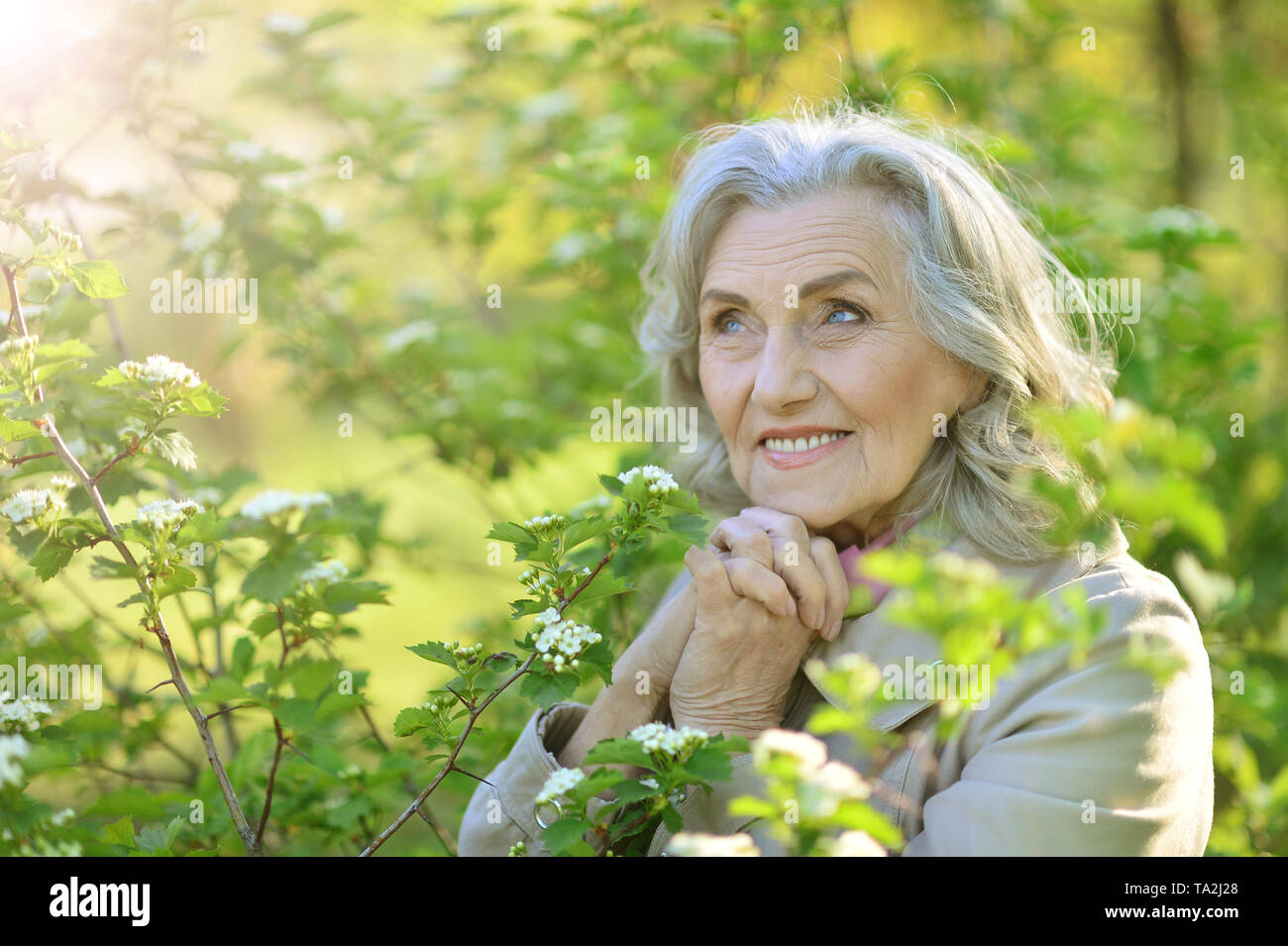 Beautiful senior woman posing near blooming tree Stock Photo - Alamy