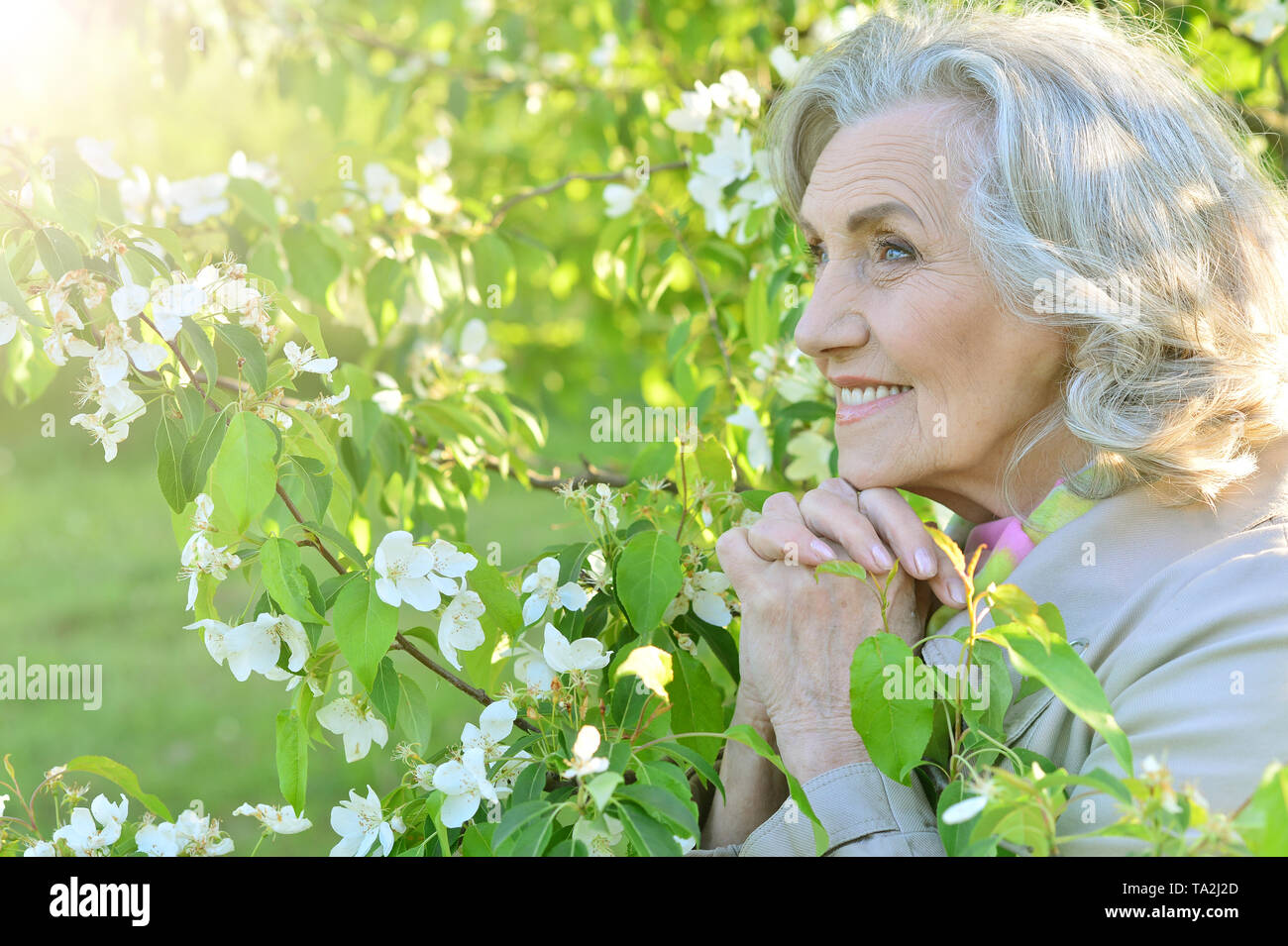 Beautiful senior woman posing near blooming tree Stock Photo - Alamy