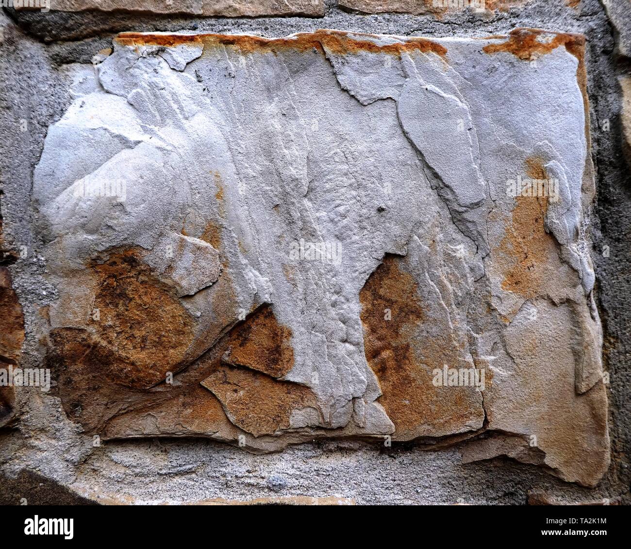 Closeup image of a natural paving stone embedded in a retaining wall ...