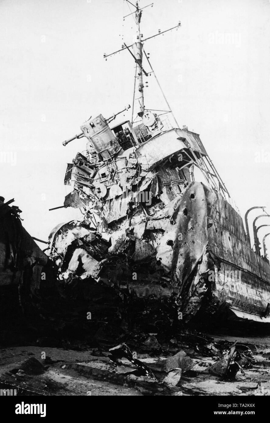 A ship destroyed by a German aircraft bomb during the evacuation of ...
