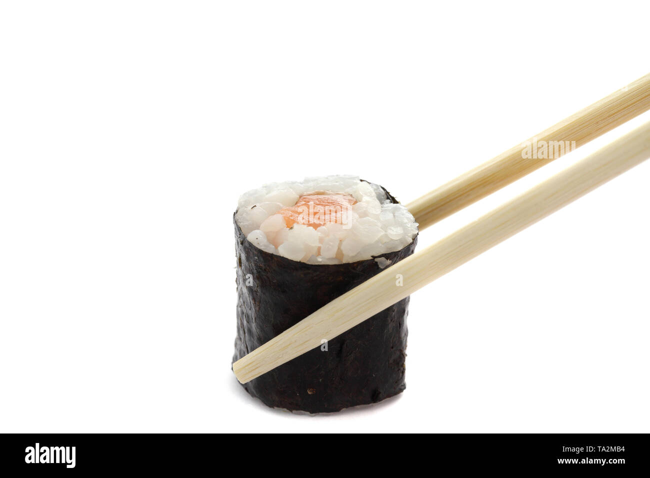 Salmon Maki sushi with chopsticks isolated in white background Stock Photo - Alamy