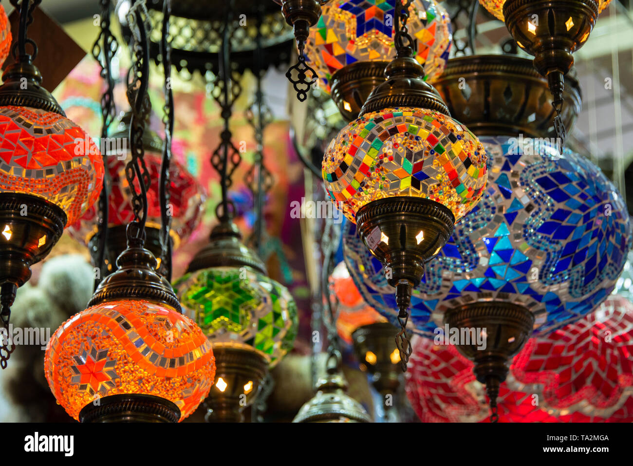 Oman, capital city of Muscat, Muttrah Souk. Typical colorful glass ...