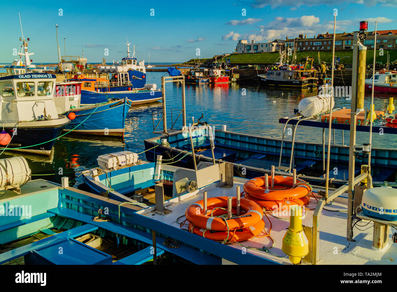 Boats in Seahouses harbour, Northumberland, UK. September 2018 Stock ...