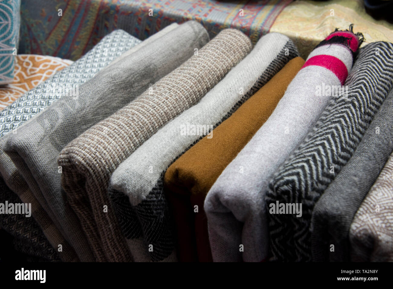 Oman, capital city of Muscat, Muttrah Souk. Typical pashmina wool ...