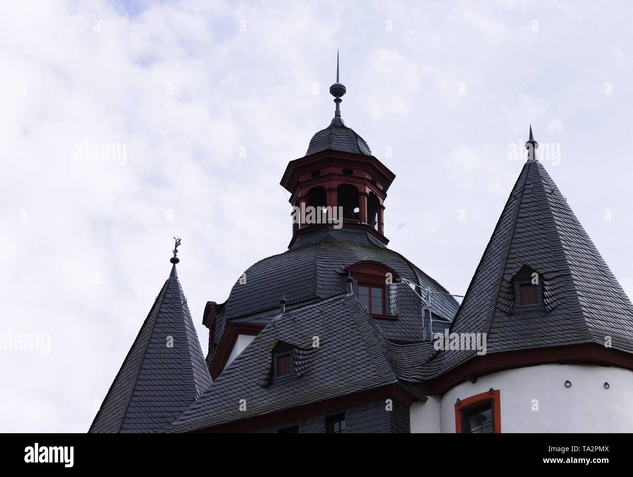 Detail of a white medieval castle with a black roof (Germany, Europe ...