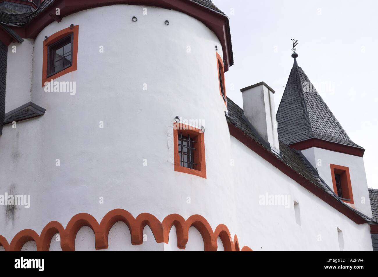 Detail of a white medieval castle with a black roof (Germany, Europe ...