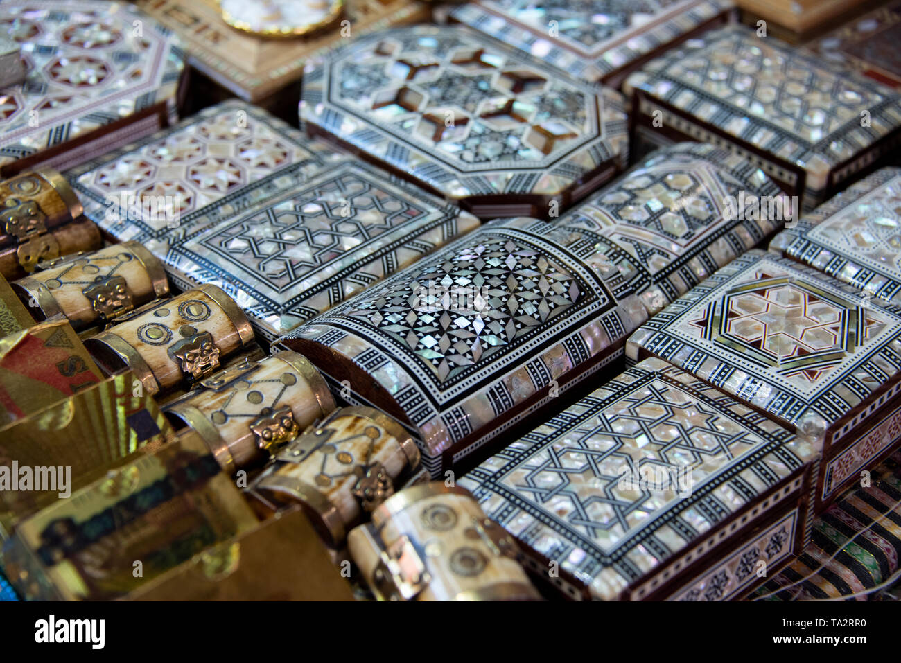 Oman, capital city of Muscat, Muttrah Souk. Typical shell and wood ...