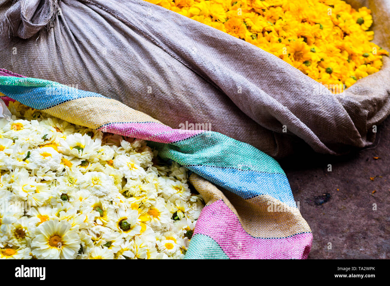 Fresh cut flowers placed in a colorful sack bag ready for sale on ...