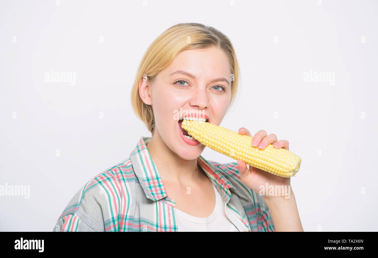 Farm On. Farming, farmer girl with maize. corn crop. vitamin and ...