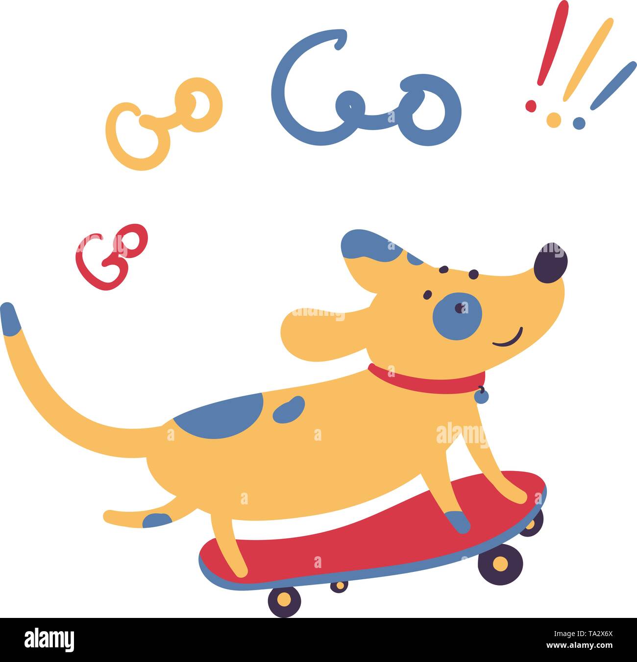 Dog skates on skateboard. Go go go lettering. Pet domestic animal ...