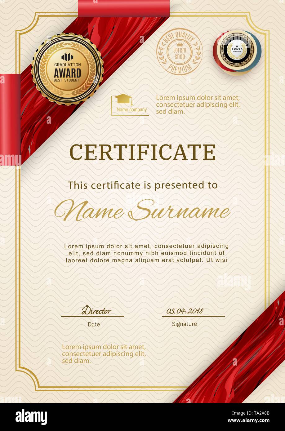 Official retro certificate with red gold design elements. Red ribbon ...