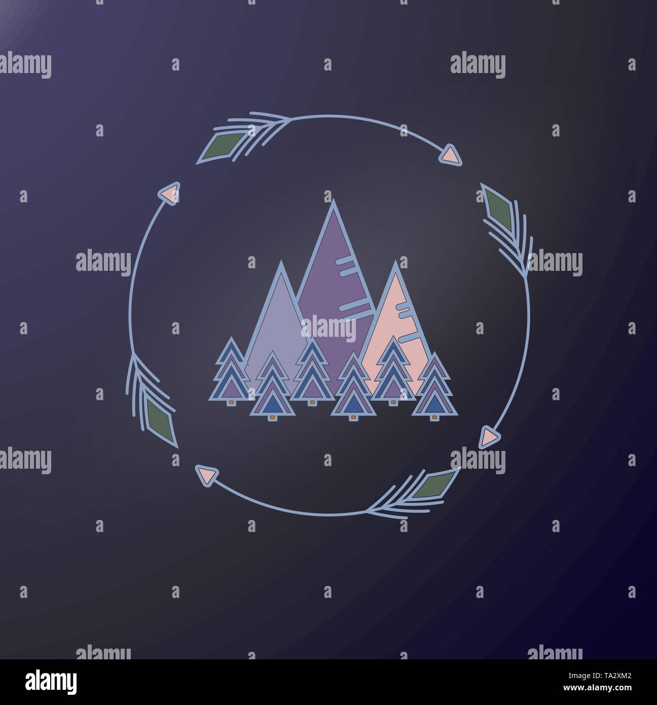 Outdoor sticker. Trees and Mountains in round frame of arrows. print on ...