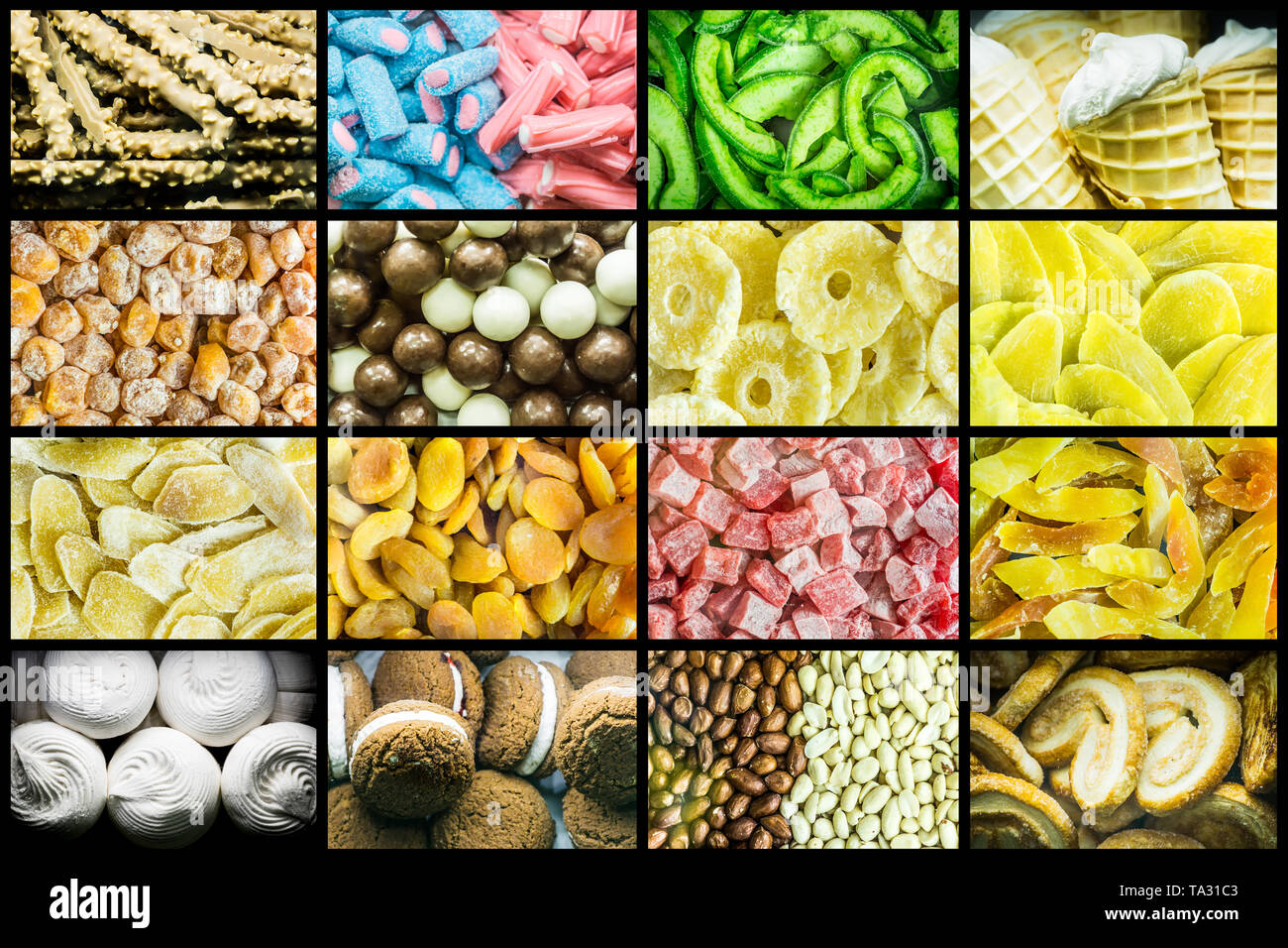 Bright collage of multi-colored chewy candies, sweet dried fruits and ...