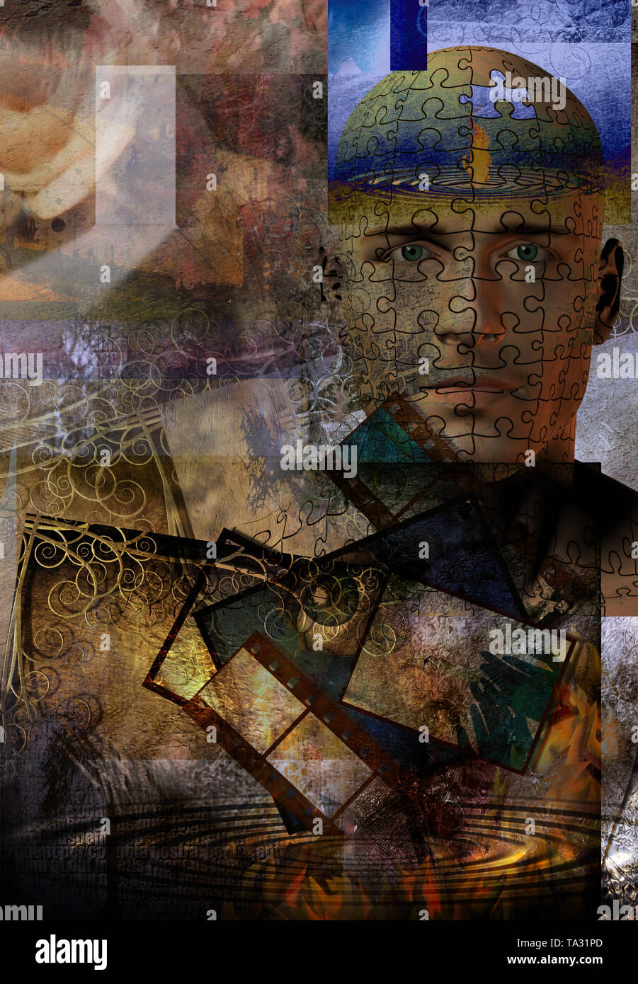 Abstract composition. Man face with puzzle pattern Stock Photo - Alamy