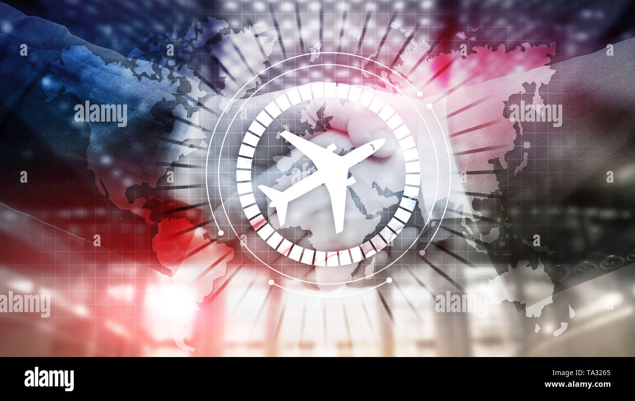 Airplane icon on virtual screen. Airplane transportation route network ...