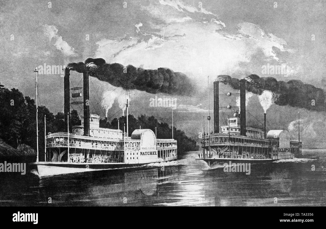 The paddle steamers "Natchez" and "Eclipse" during a race on the ...