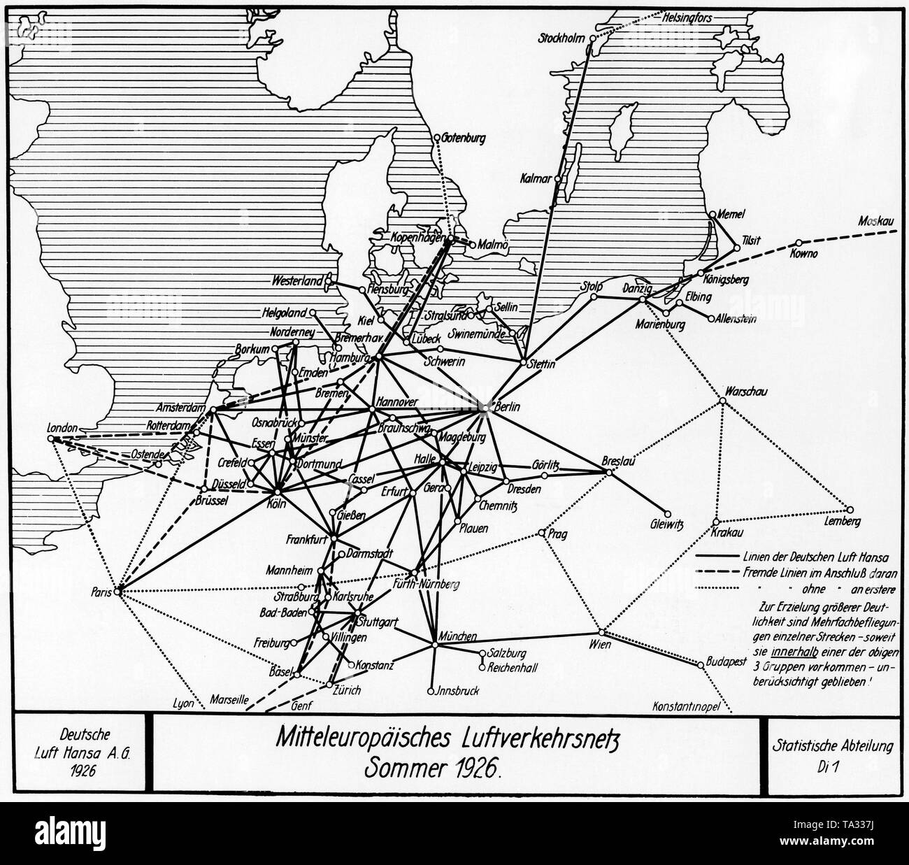 The aviation network of Central Europe in the summer of 1926. The drawn ...