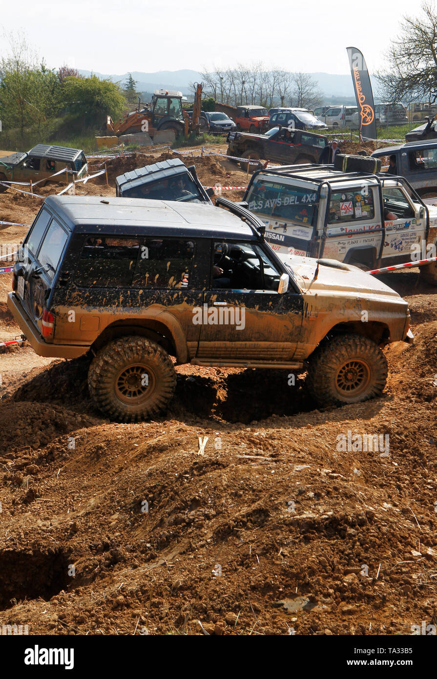 Four wheel drive cars tackling a mud circuit in Spain Stock Photo - Alamy