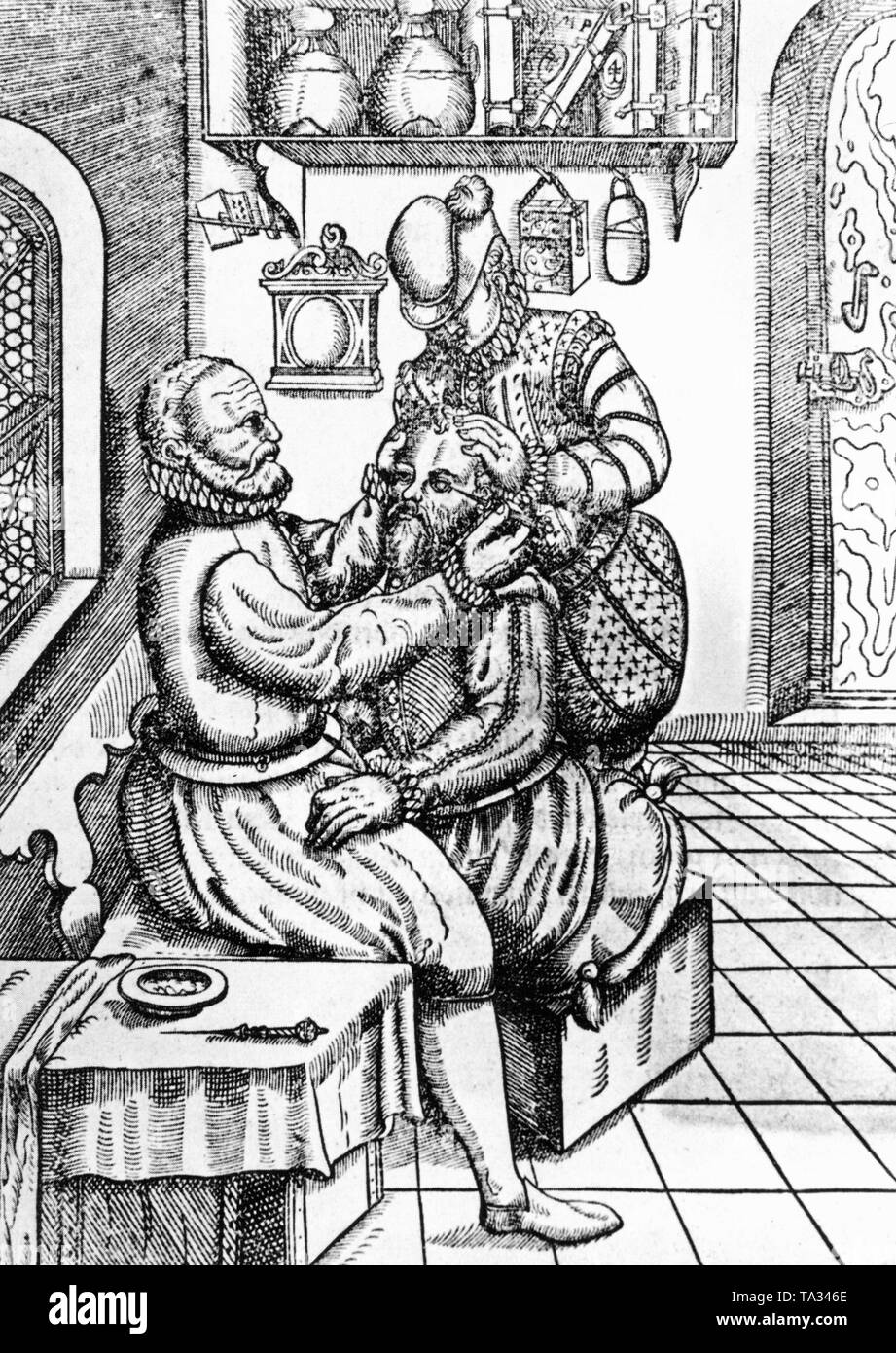 The woodcut illustrates an eye surgery, the so called couching in the ...